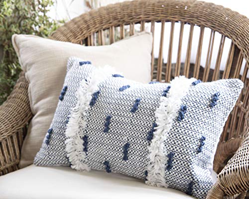 Foreside Home & Garden FIPL09778 Blue Decorative Woven 14x22 Outdoor Throw Pillow with Hand Tufted Fringe