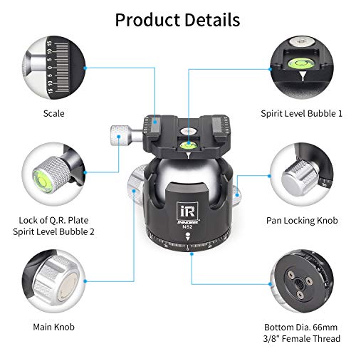 Low Profile Tripod Ball Head-INNOREL N52,Panoramic CNC Metal Camera Tripod Ball Head with Two 1/4" Screw Arca Swiss Quick Release Plates for Tripod,Monopod,DSLR,Camcorder,Max Load 66lbs/30kg