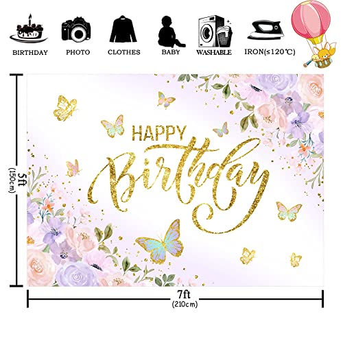 Homewelle Purple Pink Floral Butterfly Happy Birthday Backdrop for Girls 7Wx5H Feet Polyester Fabric Blush Peach Lilac Flowers Gold Birthday Party Decoration Photography Background Photo Shoot Prop