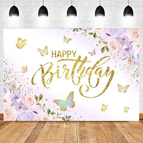 Homewelle Purple Pink Floral Butterfly Happy Birthday Backdrop for Girls 7Wx5H Feet Polyester Fabric Blush Peach Lilac Flowers Gold Birthday Party Decoration Photography Background Photo Shoot Prop