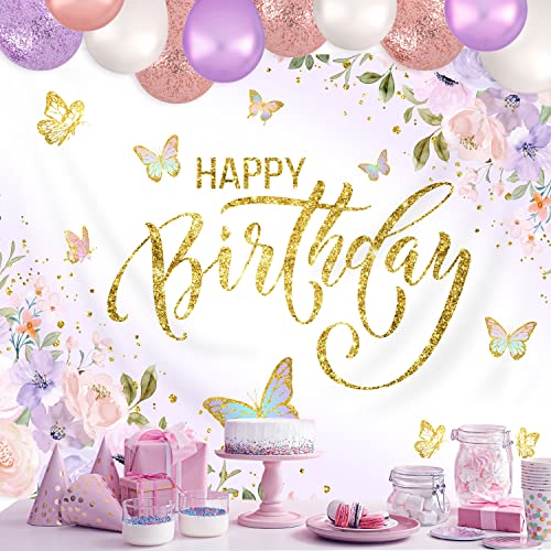 Homewelle Purple Pink Floral Butterfly Happy Birthday Backdrop for Girls 7Wx5H Feet Polyester Fabric Blush Peach Lilac Flowers Gold Birthday Party Decoration Photography Background Photo Shoot Prop