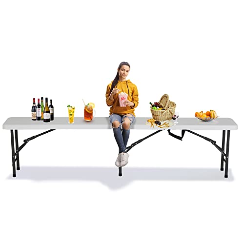 Portable Folding Bench 6 Foot Outdoor Benches Weatherproof, Garden Bench with Carrying Handle, Easy Transport, Lightweight Plastic White Bench for Indoor and Outdoor Seating Picnic Party Camping