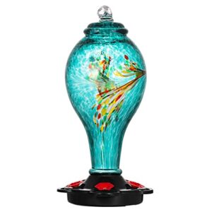 lujii hummingbird feeder, hand blown glass hummingbird feeder, never fade, 36 fluid ounces, 5 feeding metal stations, much bigger, garden backyard decorative, containing ant moat (blue)