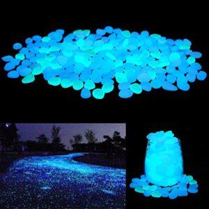 unime glow in the dark garden pebbles stones rocks for yard and walkways decor, diy decorative luminous stones in blue (200 pcs)