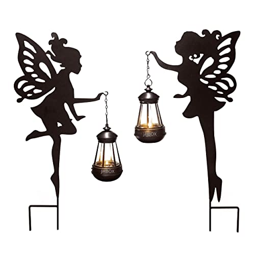 JHBOX Fairy Decor Garden Statues with Solar Lanterns, Solar Outdoor Lights Decorative with Metal Ground Stakes, Solar Landscape Lights Christmas Winter Holiday Decorations ( one Pair )