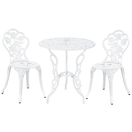 Patio Premier 217004 3pc Outdoor Rose Garden Bistro Set, Cast Iron and Aluminum Frame, White