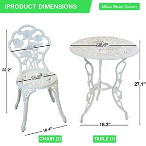 Patio Premier 217004 3pc Outdoor Rose Garden Bistro Set, Cast Iron and Aluminum Frame, White