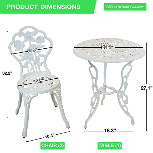 Patio Premier 217004 3pc Outdoor Rose Garden Bistro Set, Cast Iron and Aluminum Frame, White