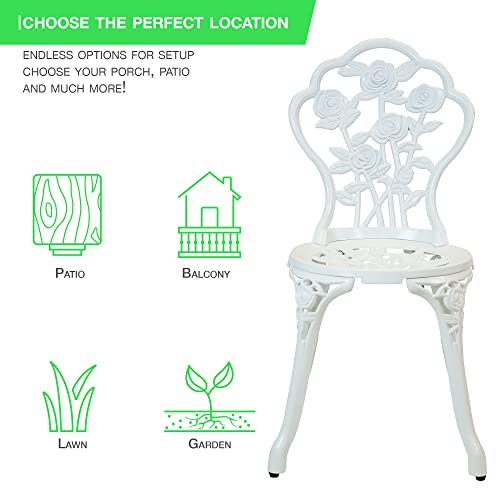 Patio Premier 217004 3pc Outdoor Rose Garden Bistro Set, Cast Iron and Aluminum Frame, White