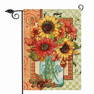 hzppyz spring sunflower garden flag double sided, watercolor gerbera flower vase decorative house yard outdoor small burlap decor, summer plaid acorn welcome farmhouse home outside decorations 12 x 18