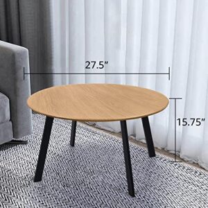 Meluvici Patio Coffee Table, Weather Resistant Outdoor Side Table Waterproof Round Metal Steel Large Table for Garden, Faux Wood Grain Table Top