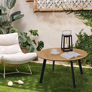 Meluvici Patio Coffee Table, Weather Resistant Outdoor Side Table Waterproof Round Metal Steel Large Table for Garden, Faux Wood Grain Table Top