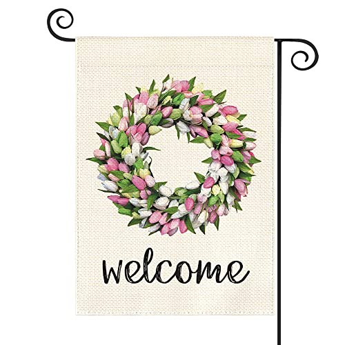 AVOIN colorlife Welcome Tulips and Lily Wreath Garden Flag Double Sided, Seasonal Spring Easter Mother's Day Yard Outdoor Flag 12 x 18 Inch