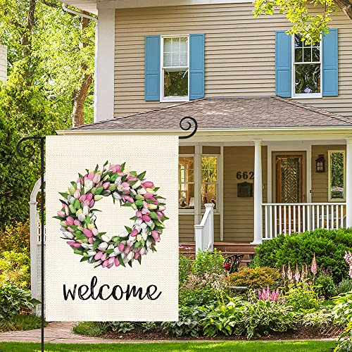 AVOIN colorlife Welcome Tulips and Lily Wreath Garden Flag Double Sided, Seasonal Spring Easter Mother's Day Yard Outdoor Flag 12 x 18 Inch