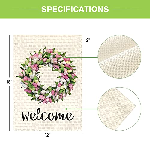 AVOIN colorlife Welcome Tulips and Lily Wreath Garden Flag Double Sided, Seasonal Spring Easter Mother's Day Yard Outdoor Flag 12 x 18 Inch