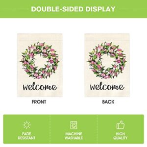 AVOIN colorlife Welcome Tulips and Lily Wreath Garden Flag Double Sided, Seasonal Spring Easter Mother's Day Yard Outdoor Flag 12 x 18 Inch