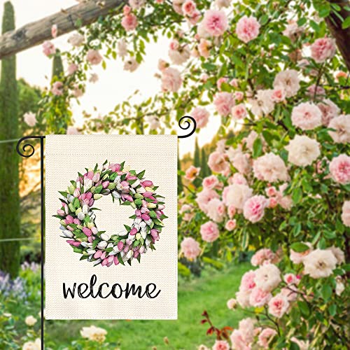 AVOIN colorlife Welcome Tulips and Lily Wreath Garden Flag Double Sided, Seasonal Spring Easter Mother's Day Yard Outdoor Flag 12 x 18 Inch