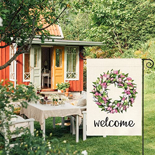 AVOIN colorlife Welcome Tulips and Lily Wreath Garden Flag Double Sided, Seasonal Spring Easter Mother's Day Yard Outdoor Flag 12 x 18 Inch