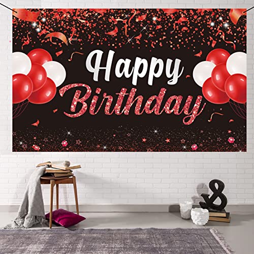 Trgowaul Happy Birthday Banner Backdrop - Red Black Birthday Party Decorations, Birthday Party Supplies Kids Men Women, Bday Gifts Sign Photo Booth Background Decor Girls Boys Outdoor 70.8*43.3 inches