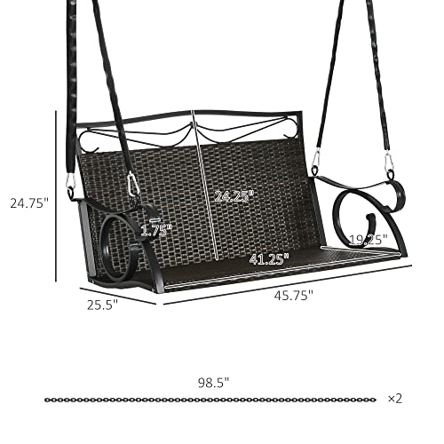 Outsunny 2 Person Wicker Hanging Swing Bench, Front Porch Swing Outdoor Chair with Scrollwork Flourishes & Heart Motif, 528 lbs. Weight Capacity for Backyard, Garden, Brown