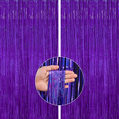 PartyWoo 2 pcs Purple Foil Fringe Curtain, Metallic Tinsel Fringe Backdrop Door Fringe, Purple Streamers Backdrop for Mermaid Birthday Party Decorations, Party Photo Backdrop, Bachelorette Party Decor