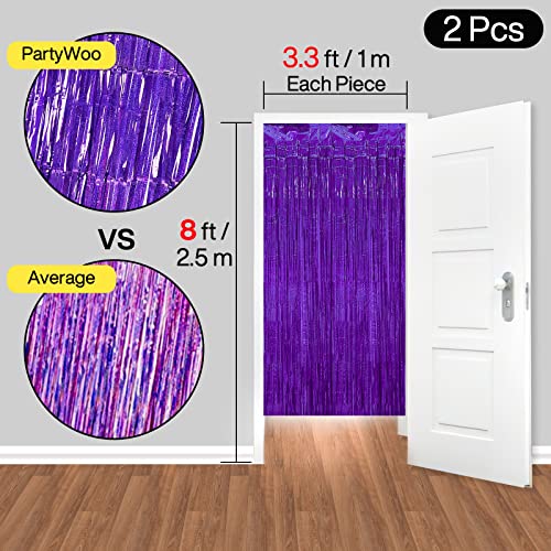 PartyWoo 2 pcs Purple Foil Fringe Curtain, Metallic Tinsel Fringe Backdrop Door Fringe, Purple Streamers Backdrop for Mermaid Birthday Party Decorations, Party Photo Backdrop, Bachelorette Party Decor