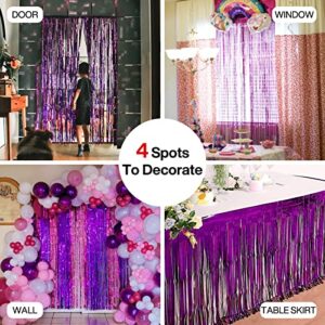 PartyWoo 2 pcs Purple Foil Fringe Curtain, Metallic Tinsel Fringe Backdrop Door Fringe, Purple Streamers Backdrop for Mermaid Birthday Party Decorations, Party Photo Backdrop, Bachelorette Party Decor