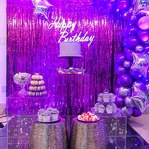 PartyWoo 2 pcs Purple Foil Fringe Curtain, Metallic Tinsel Fringe Backdrop Door Fringe, Purple Streamers Backdrop for Mermaid Birthday Party Decorations, Party Photo Backdrop, Bachelorette Party Decor