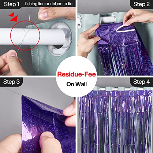 PartyWoo 2 pcs Purple Foil Fringe Curtain, Metallic Tinsel Fringe Backdrop Door Fringe, Purple Streamers Backdrop for Mermaid Birthday Party Decorations, Party Photo Backdrop, Bachelorette Party Decor