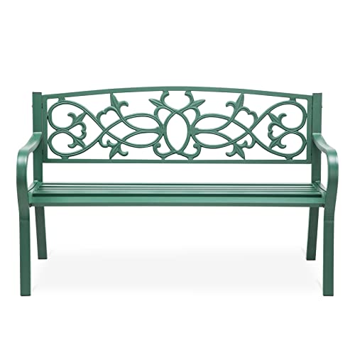 Outogether Steel Bench Metal Bench for Outdoor, Garden Bench for Patio Porch Backyard, Floral Design Backrest Slatted Seat (Green)