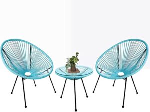 patiomore 3-piece acapulco chairs set rattan outdoor furniture set, all- weather patio conversation bistro set with 2 woven chairs and 1 glass table for indoor, balcony, lawn garden-blue