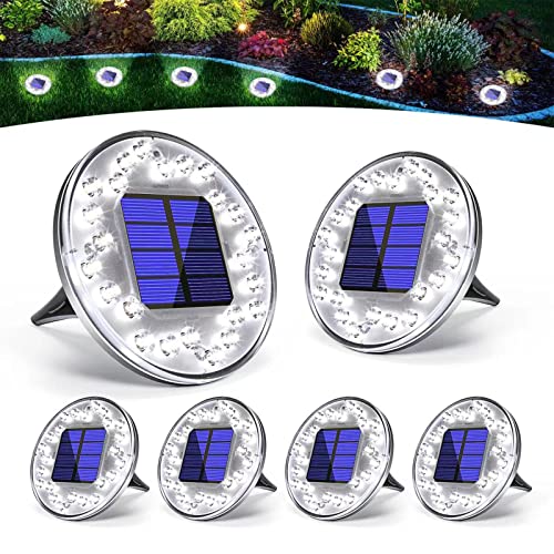 Solar Ground Lights Outdoor, 24 LED Solar Garden Lights with 2 Modes, Waterproof Solar Powered Disk Lights for Pathway, Yard, Garden, Parks, Lawn, Deck, Patio, Walkway, corridors (6 Packs, White）