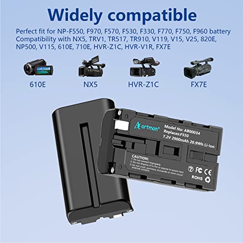 Artman NP-F550 Battery and Dual USB Charger for Sony NP F550, F570, F530, F330, F970, F960, F750, F770, CCD-SC55, TR516, TR716, TR818, TR910 (2-Pack 2900mAh)