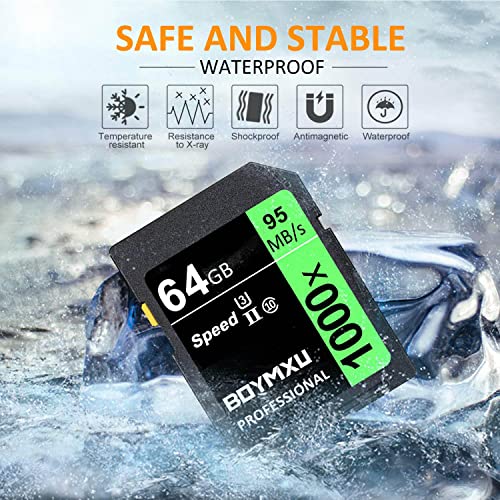 64GB Memory Card, BOYMXU Professional 1000 x Class 10 UHS-I U3 Memory Card Compatible Computer Cameras and Camcorders, Memory Card Up to 95MB/s, Green/Black