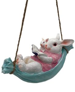 usupgift pink swing rabbit garden statues cute rabbit figures tree hanging sculpture (8.9″x4.3″x 3.9″) for outdoor décor garden patio yard lawn