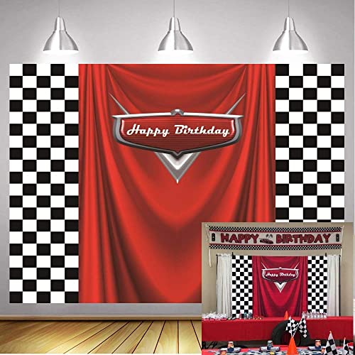 7x5ft Car Black White Grid Red Birthday Themed Backdrops Racing Flag Red Photo Backgrounds for Photography Happy Birthday Party Banner Photo Booth Props GYA