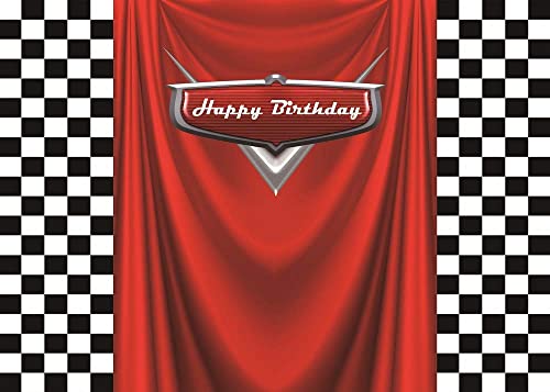 7x5ft Car Black White Grid Red Birthday Themed Backdrops Racing Flag Red Photo Backgrounds for Photography Happy Birthday Party Banner Photo Booth Props GYA