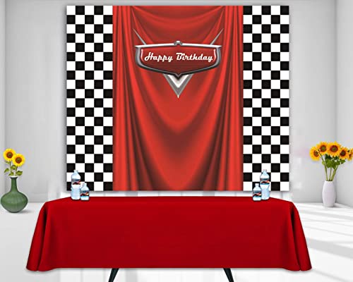 7x5ft Car Black White Grid Red Birthday Themed Backdrops Racing Flag Red Photo Backgrounds for Photography Happy Birthday Party Banner Photo Booth Props GYA