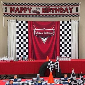 7x5ft Car Black White Grid Red Birthday Themed Backdrops Racing Flag Red Photo Backgrounds for Photography Happy Birthday Party Banner Photo Booth Props GYA