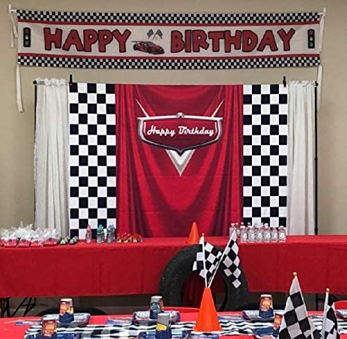 7x5ft Car Black White Grid Red Birthday Themed Backdrops Racing Flag Red Photo Backgrounds for Photography Happy Birthday Party Banner Photo Booth Props GYA