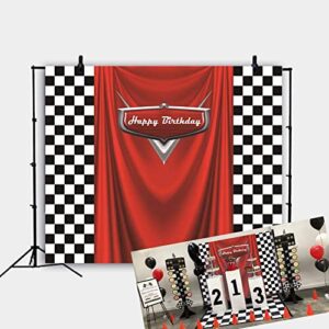 7x5ft Car Black White Grid Red Birthday Themed Backdrops Racing Flag Red Photo Backgrounds for Photography Happy Birthday Party Banner Photo Booth Props GYA