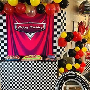 7x5ft Car Black White Grid Red Birthday Themed Backdrops Racing Flag Red Photo Backgrounds for Photography Happy Birthday Party Banner Photo Booth Props GYA