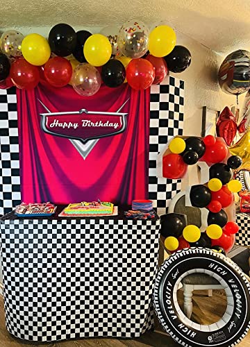 7x5ft Car Black White Grid Red Birthday Themed Backdrops Racing Flag Red Photo Backgrounds for Photography Happy Birthday Party Banner Photo Booth Props GYA