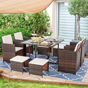 Vongrasig 9 Piece Small Patio Dining Set, Outdoor Space Saving PE Wicker Dining Patio Furniture Conversation Set w/Glass Patio Dining Table & Cushioned Rattan Chairs for Lawn Garden Backyard (Beige)