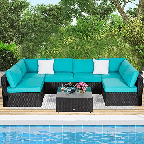 AIIT Kinlife 7Pcs Patio Furniture Sets, Patio Sectional Sofas, All-Weather Black PE Wicker Outdoor Couch Patio Seating with Pillows & Coffee Table, Turquoise