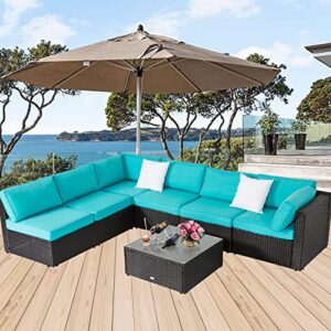 AIIT Kinlife 7Pcs Patio Furniture Sets, Patio Sectional Sofas, All-Weather Black PE Wicker Outdoor Couch Patio Seating with Pillows & Coffee Table, Turquoise