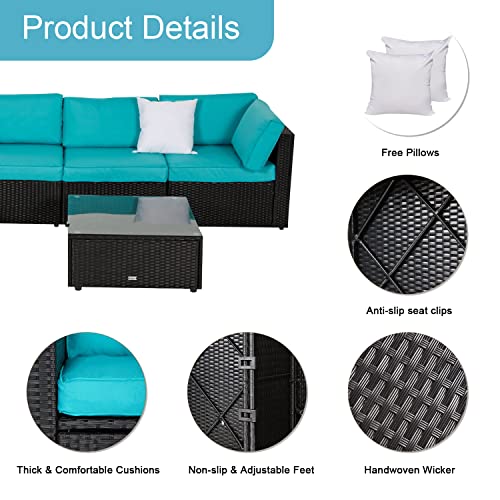 AIIT Kinlife 7Pcs Patio Furniture Sets, Patio Sectional Sofas, All-Weather Black PE Wicker Outdoor Couch Patio Seating with Pillows & Coffee Table, Turquoise