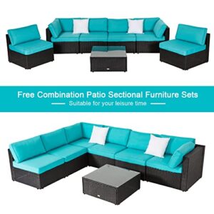 AIIT Kinlife 7Pcs Patio Furniture Sets, Patio Sectional Sofas, All-Weather Black PE Wicker Outdoor Couch Patio Seating with Pillows & Coffee Table, Turquoise