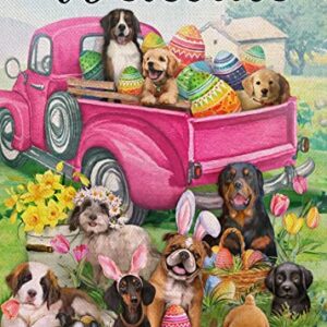 Covido Home Decorative Welcome Easter Eggs Pink Truck Dog Garden Flag, Country Puppy House Yard Daffodil Tulip Daisy Flowers Outside Decoration, Spring Floral Outdoor Small Decor Double Sided 12 x 18