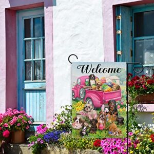 Covido Home Decorative Welcome Easter Eggs Pink Truck Dog Garden Flag, Country Puppy House Yard Daffodil Tulip Daisy Flowers Outside Decoration, Spring Floral Outdoor Small Decor Double Sided 12 x 18